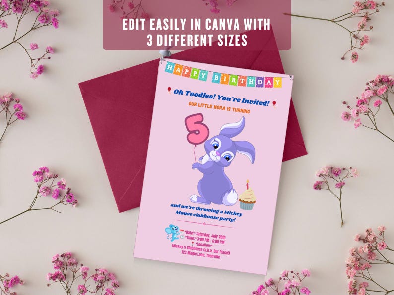Editable Bunny Birthday Card | Cute Pink Birthday Invite | Birthday ...