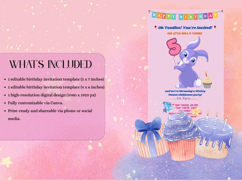 Editable Bunny Birthday Card | Cute Pink Birthday Invite | Birthday ...