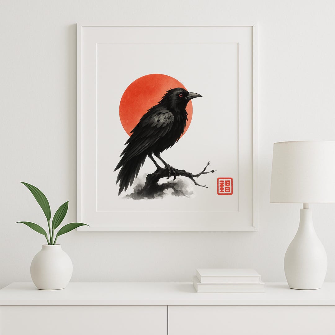 Mystic Crow With Red Sun Zen Japanese Style Art Print - Etsy