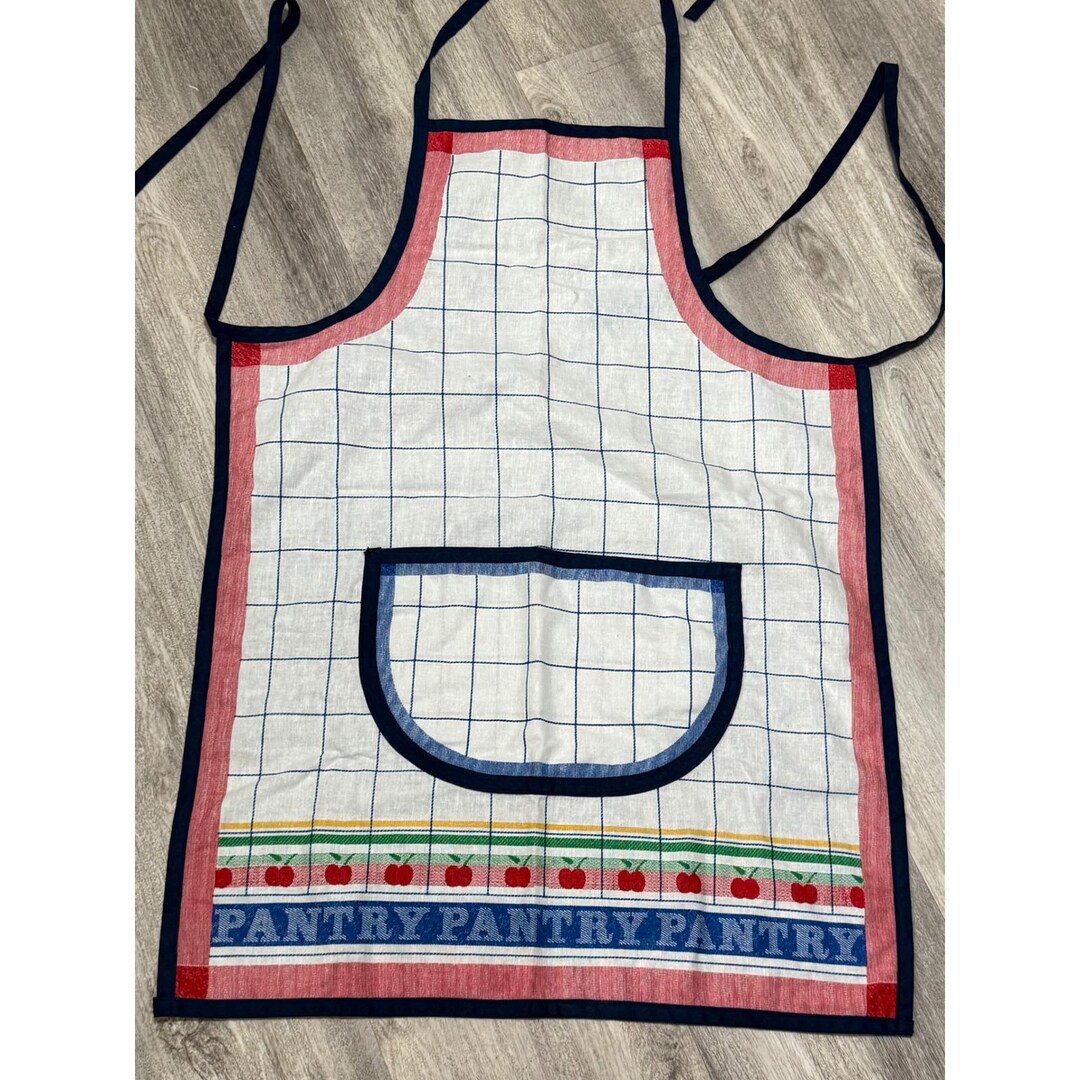 Vintage Pantry Kitchen Apron Red Apple Cherry Blue Gingham Pocket ...
