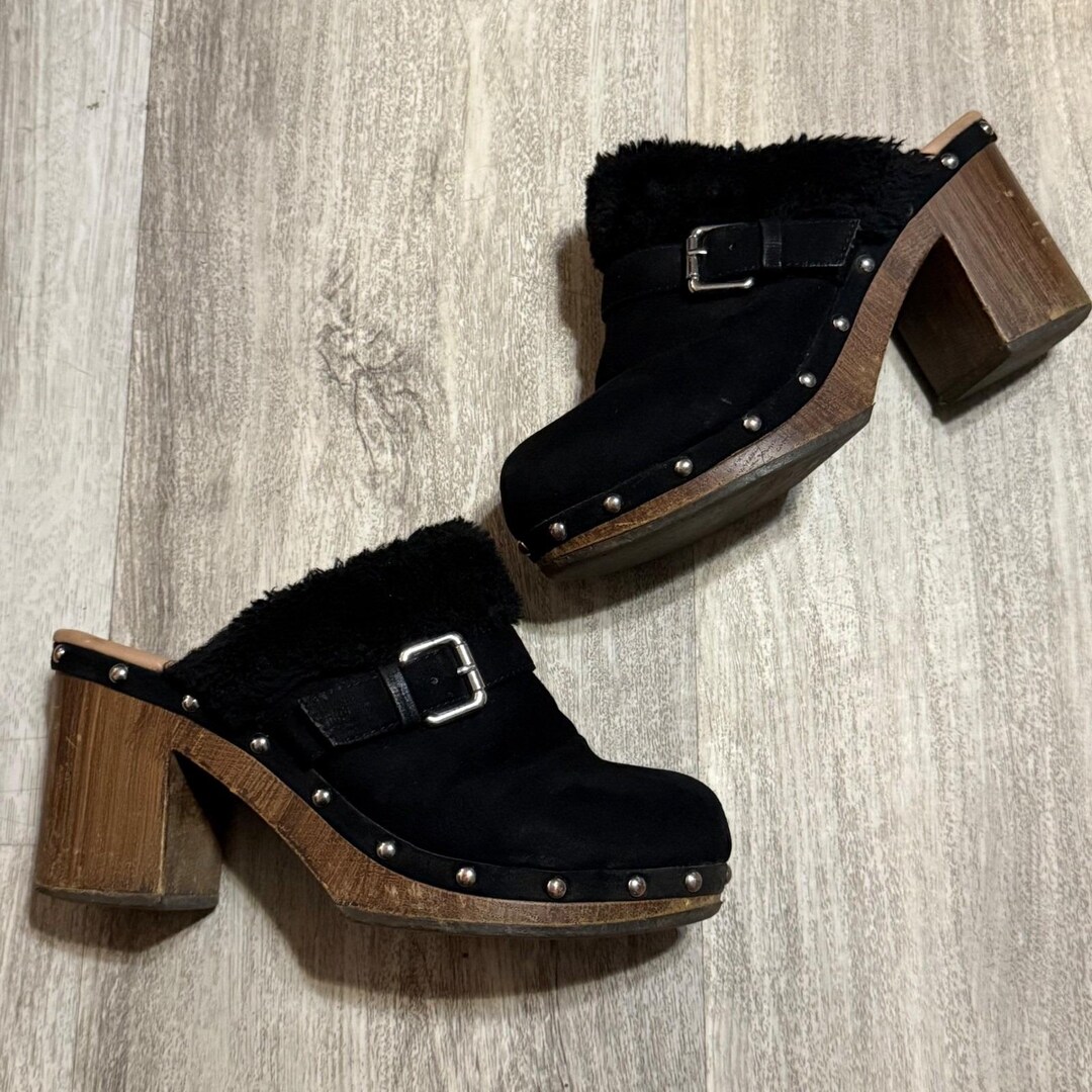 UNIONBAY Black Suede Fur Trimmed Clog Heeled Mules Women Size 8 Stud ...