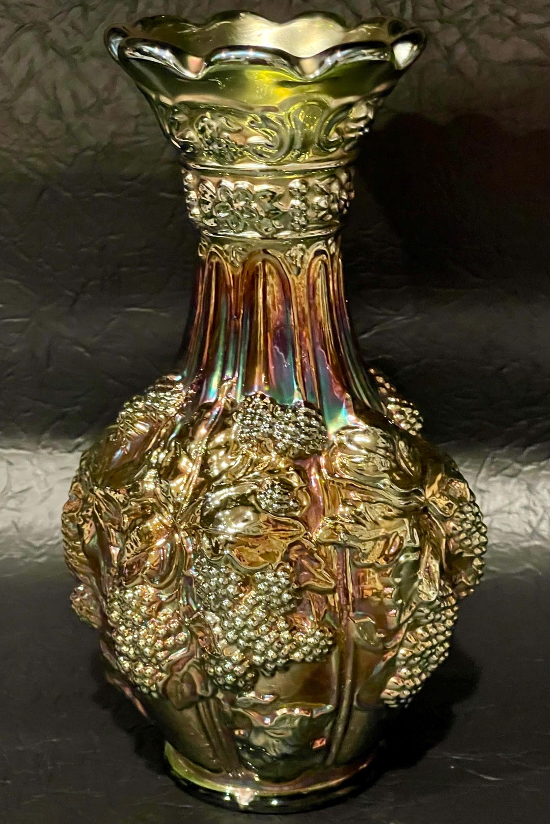 Antique Imperial Loganberry Carnival Glass Vase, Rare Olive Green - Etsy