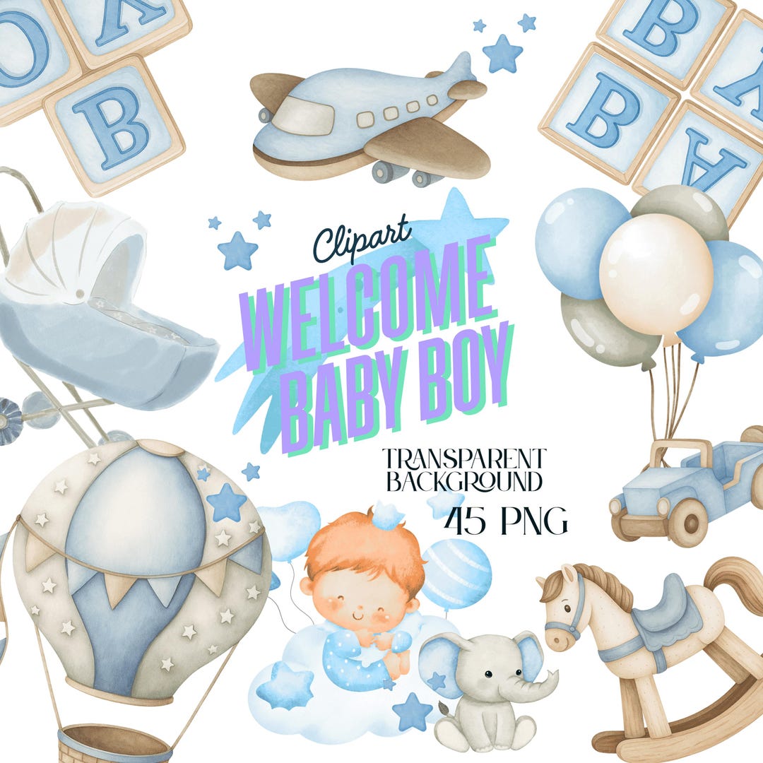 45 Welcome Baby Boy Watercolor Clipart, Nursery Clipart, Blue New Born ...