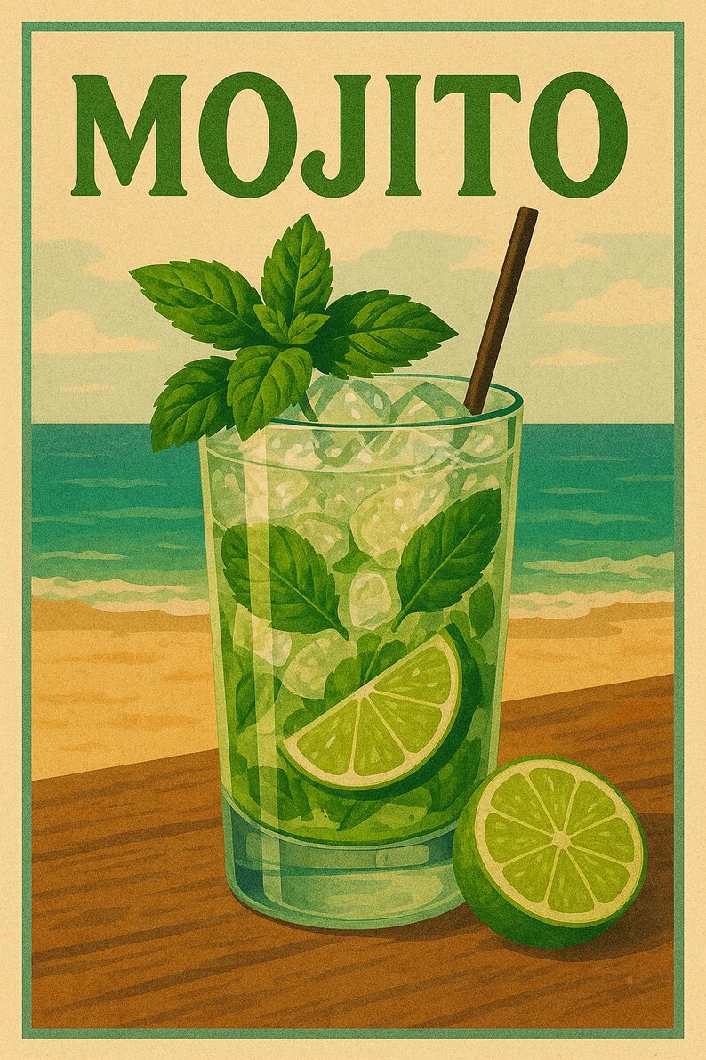 Mojito Cocktail Poster | Vintage Travel Style Wall Art | Summer Bar ...