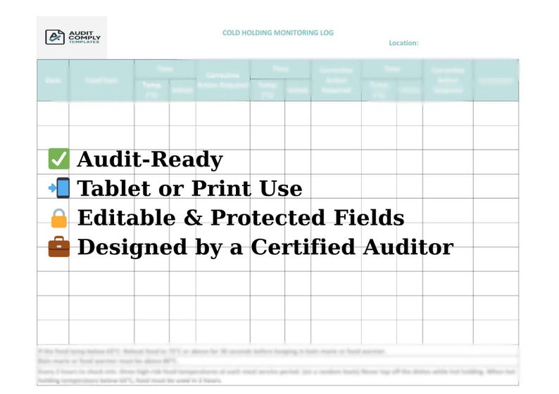 Hot & Cold Holding Log | Excel + PDF Format | HACCP| Food Safety ...