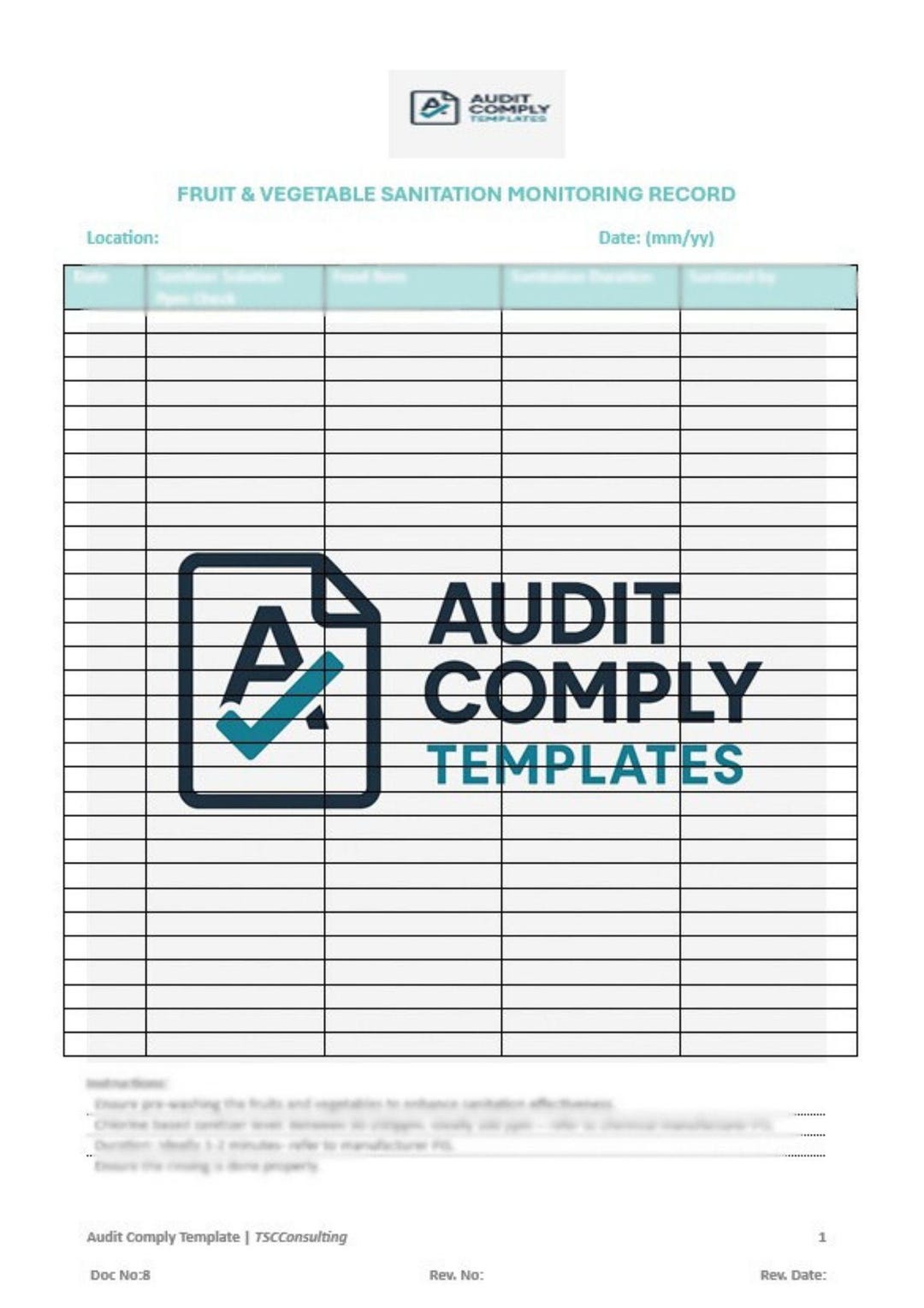 Fruit & Vegetable Sanitation Log | Food Safety HACCP Record Sheet ...