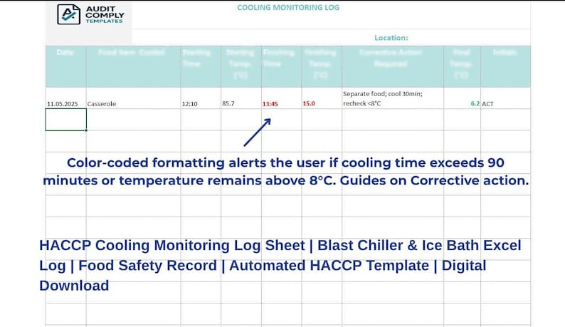 HACCP Cooling Log Template | Editable Excel Temp Monitor With Alerts ...