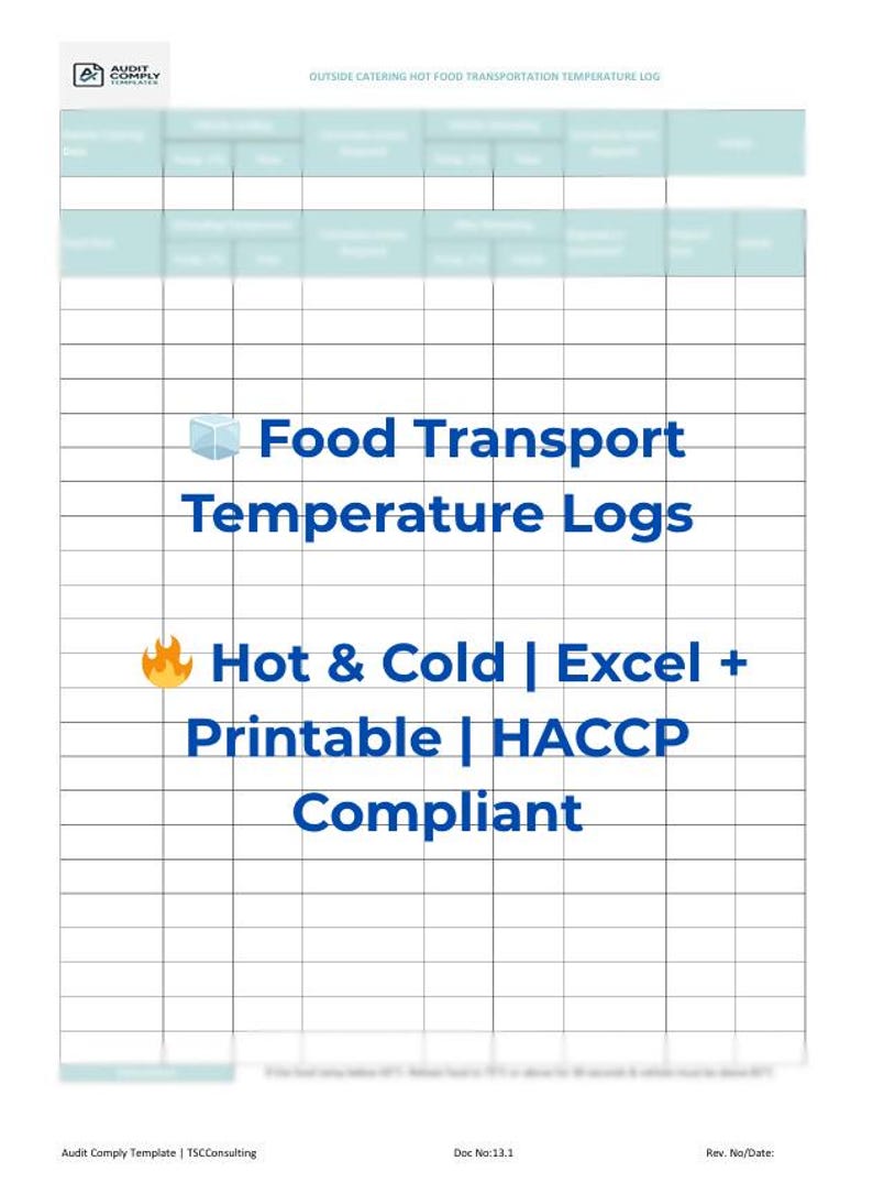 HACCP Food Transport Log| Hot & Cold Holding | Excel | Printable Audit ...