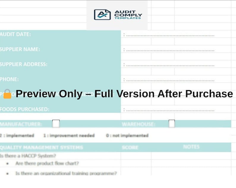 Supplier Audit Excel Template | Vendor Evaluation Sheet | Quality ...