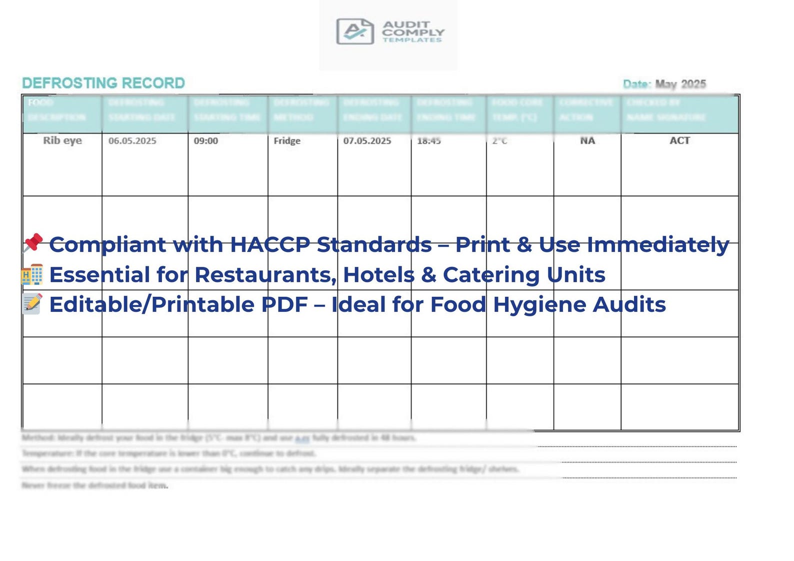 HACCP Defrosting Log Template | Printable PDF Food Safety Record ...