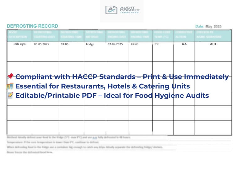 HACCP Defrosting Log Template | Printable PDF Food Safety Record ...