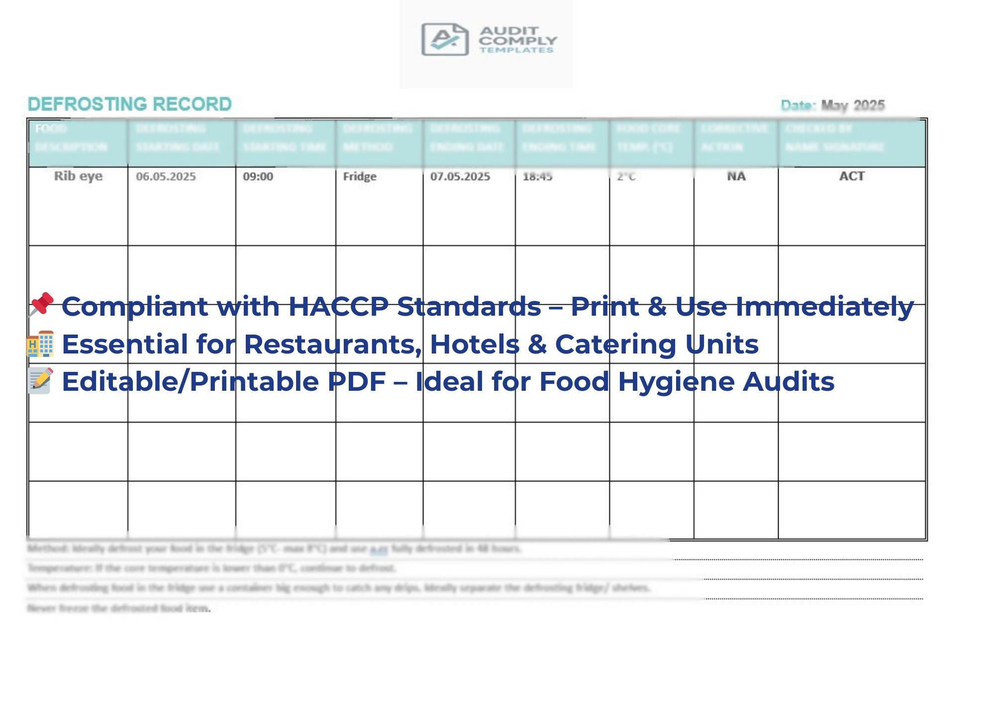 Printable Defrosting Log Template | HACCP Food Safety Record Sheet ...