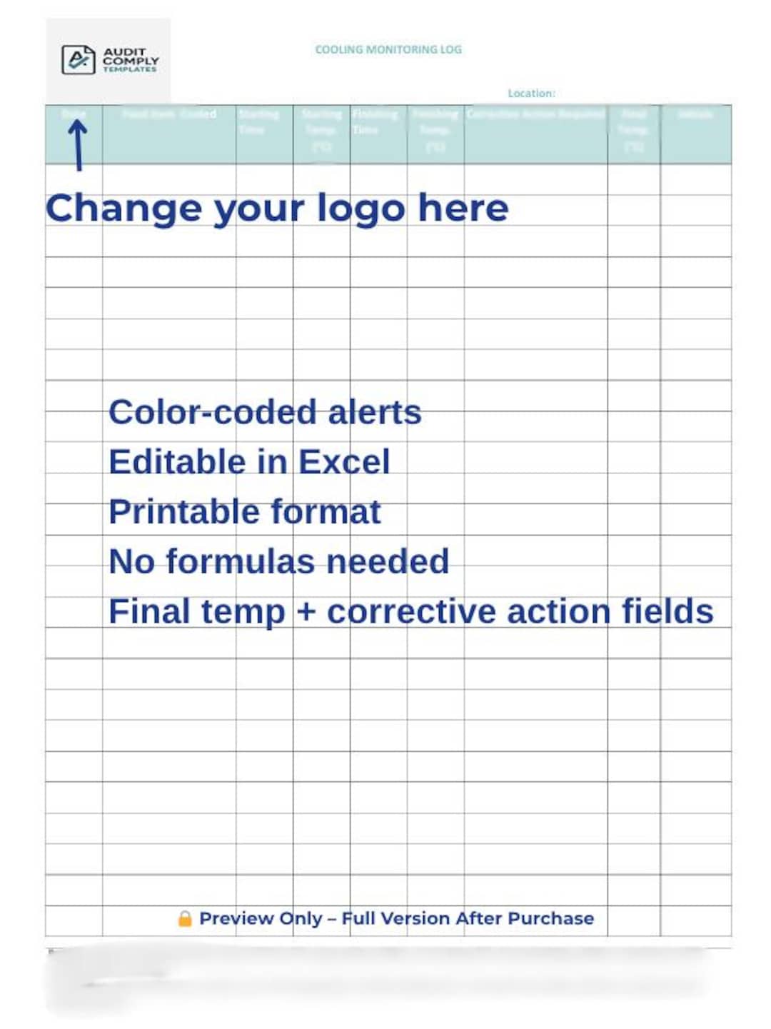 HACCP Cooling Log Template | Editable Excel Temp Monitor With Alerts ...