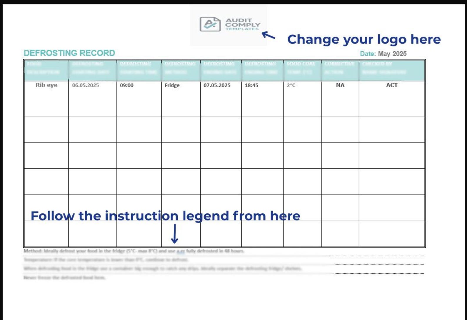 Printable Defrosting Log Template | HACCP Food Safety Record Sheet ...