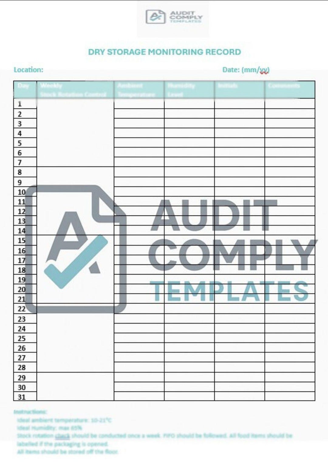 HACCP Dry Storage Monitoring Log | Food Safety Chart Template ...
