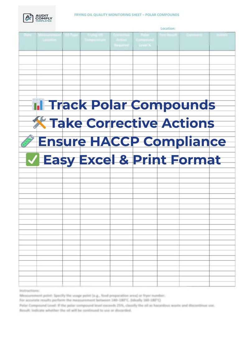HACCP Frying Oil Log Template | Editable Excel Polar Compound % Chart ...