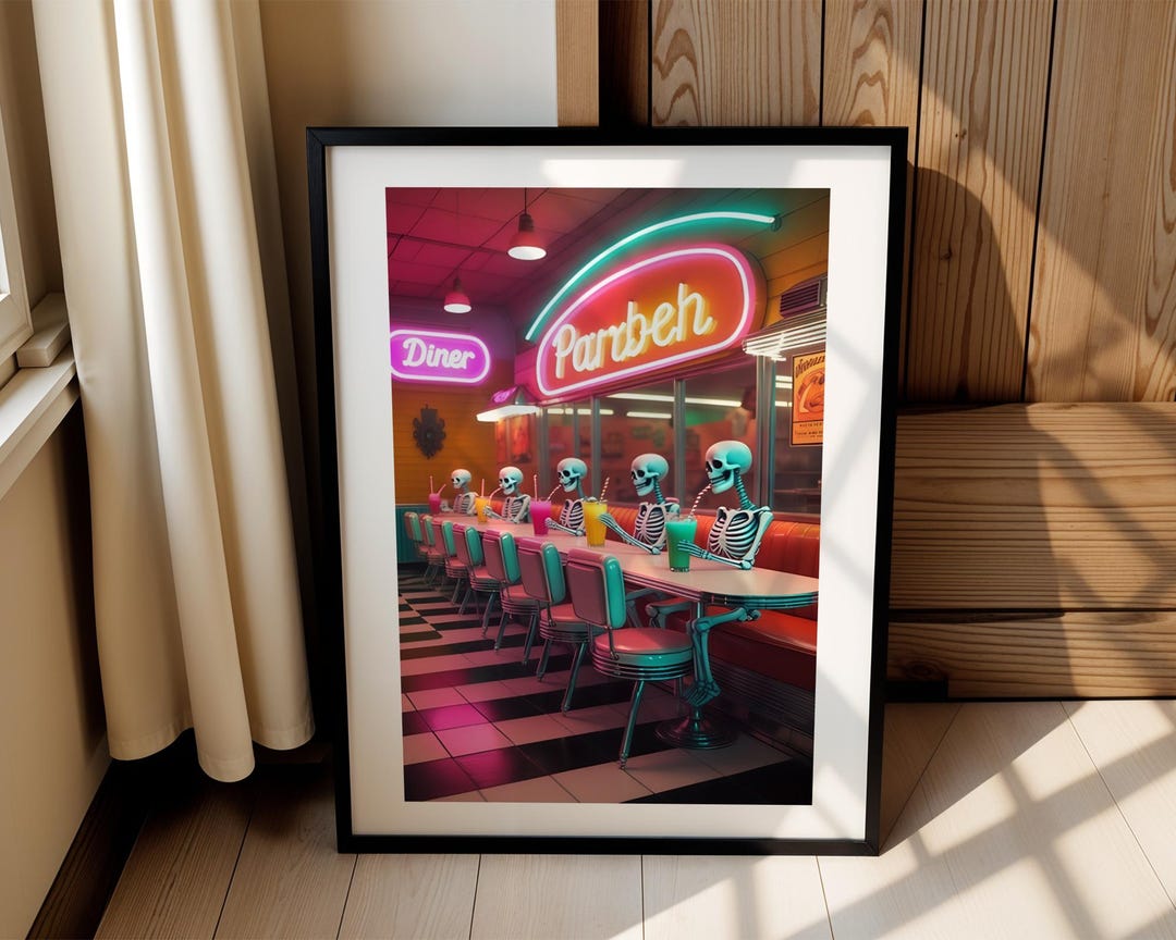 Neon Skeleton Diner Print: 80s Retro Spooky Jukebox Art (digital ...