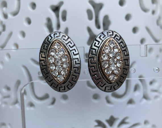 Oval Greek Key Silver and Gold Tone Rhinestone Vintag… - Gem