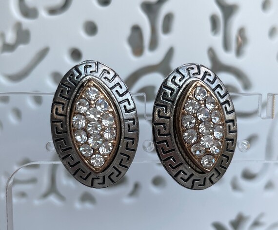 Oval Greek Key Silver and Gold Tone Rhinestone Vintag… - Gem