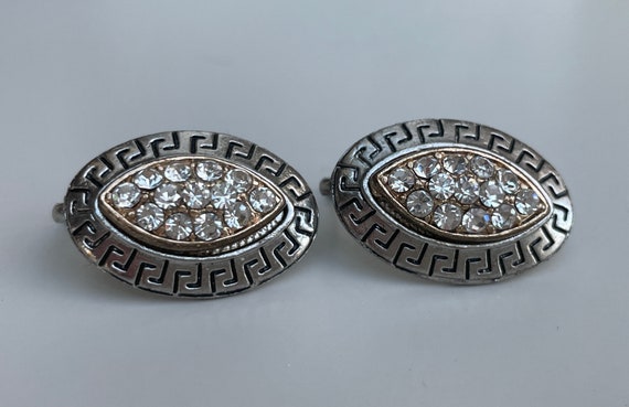 Oval Greek Key Silver and Gold Tone Rhinestone Vintag… - Gem