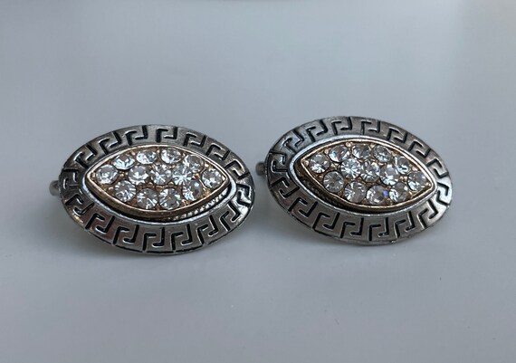 Oval Greek Key Silver and Gold Tone Rhinestone Vintag… - Gem