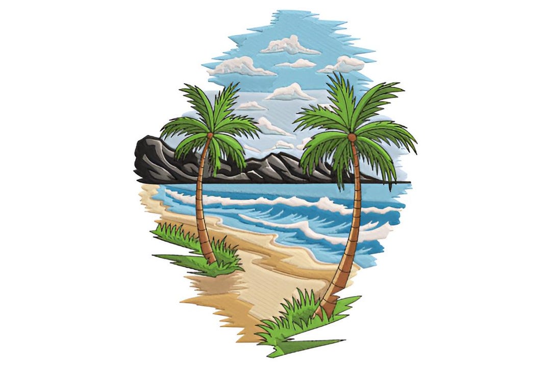 Tropical Beach Scene Embroidery Design – Summer Embroidery Design ...