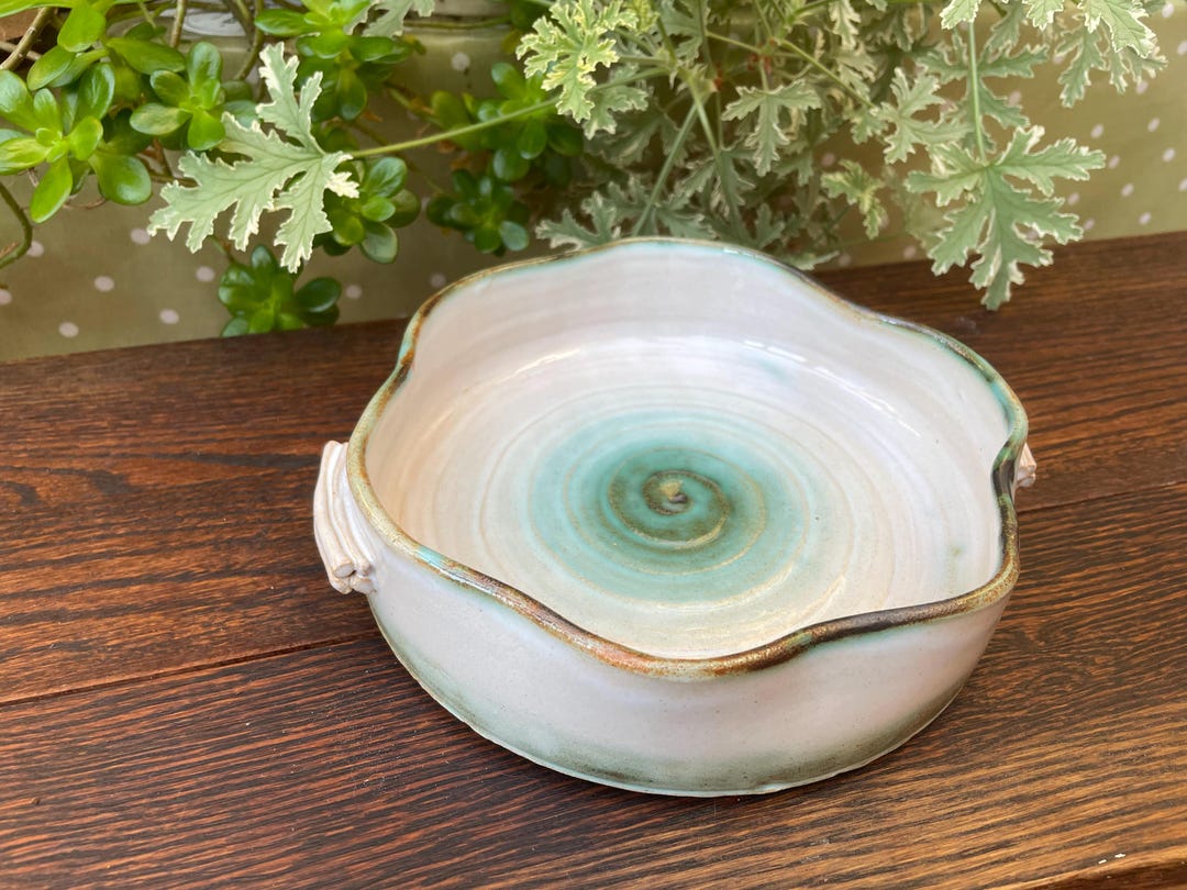 Handmade Wavy Edge Stoneware Bowl | Green Glazed Ceramic Serving Bowl ...
