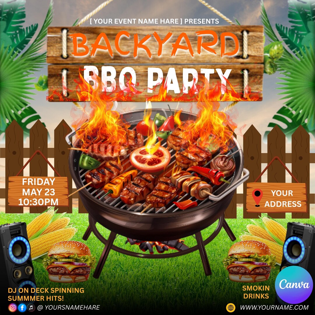 Backyard Cookout Flyer Editable BBQ Party Template ( Canva, Digital ...