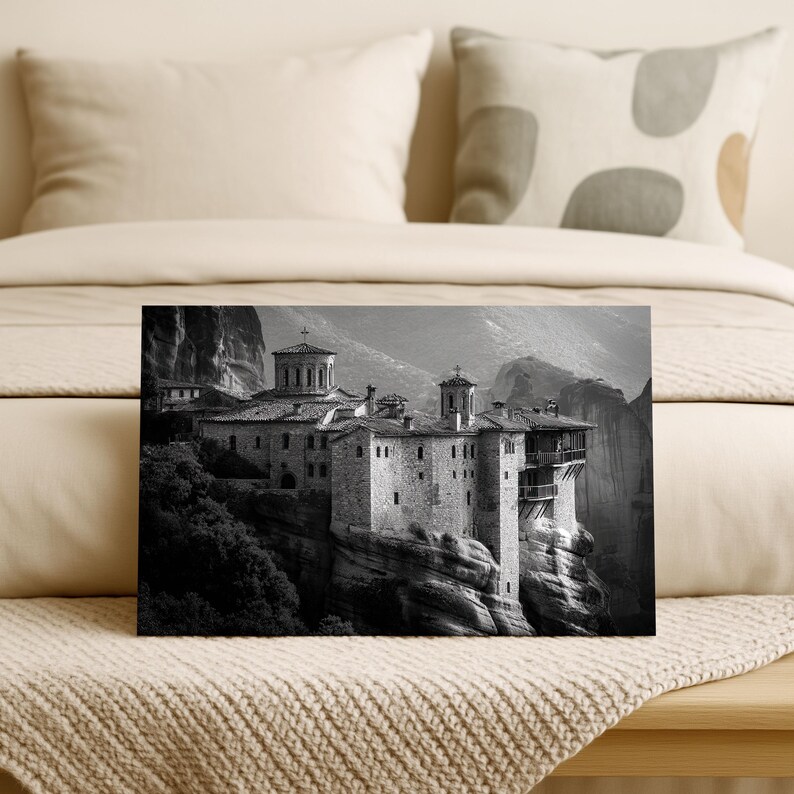 Meteora Monastery Print | Greece Cliffside Architecture, Black and ...