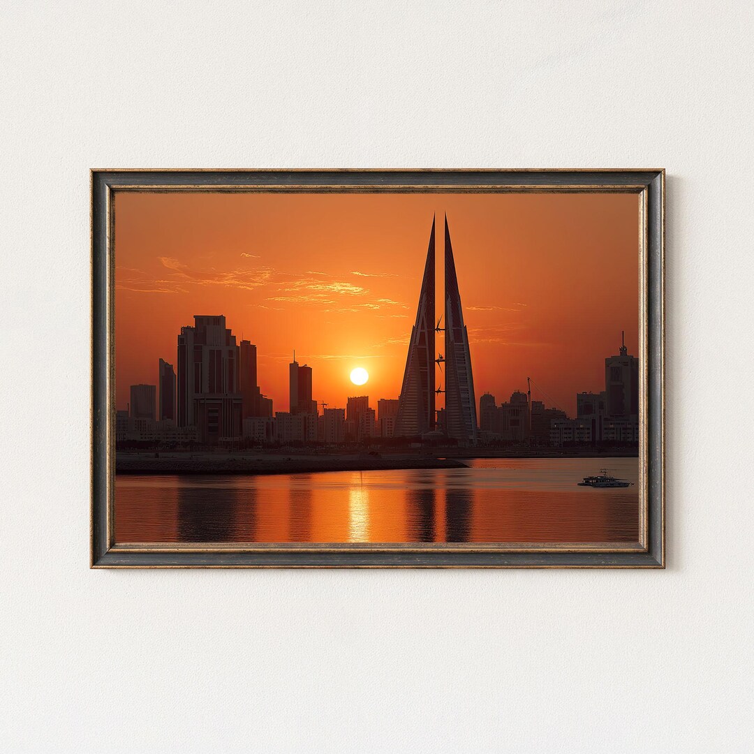 Bahrain Manama Sunset Wall Art | Orange Skyline Print | Modern Gulf ...