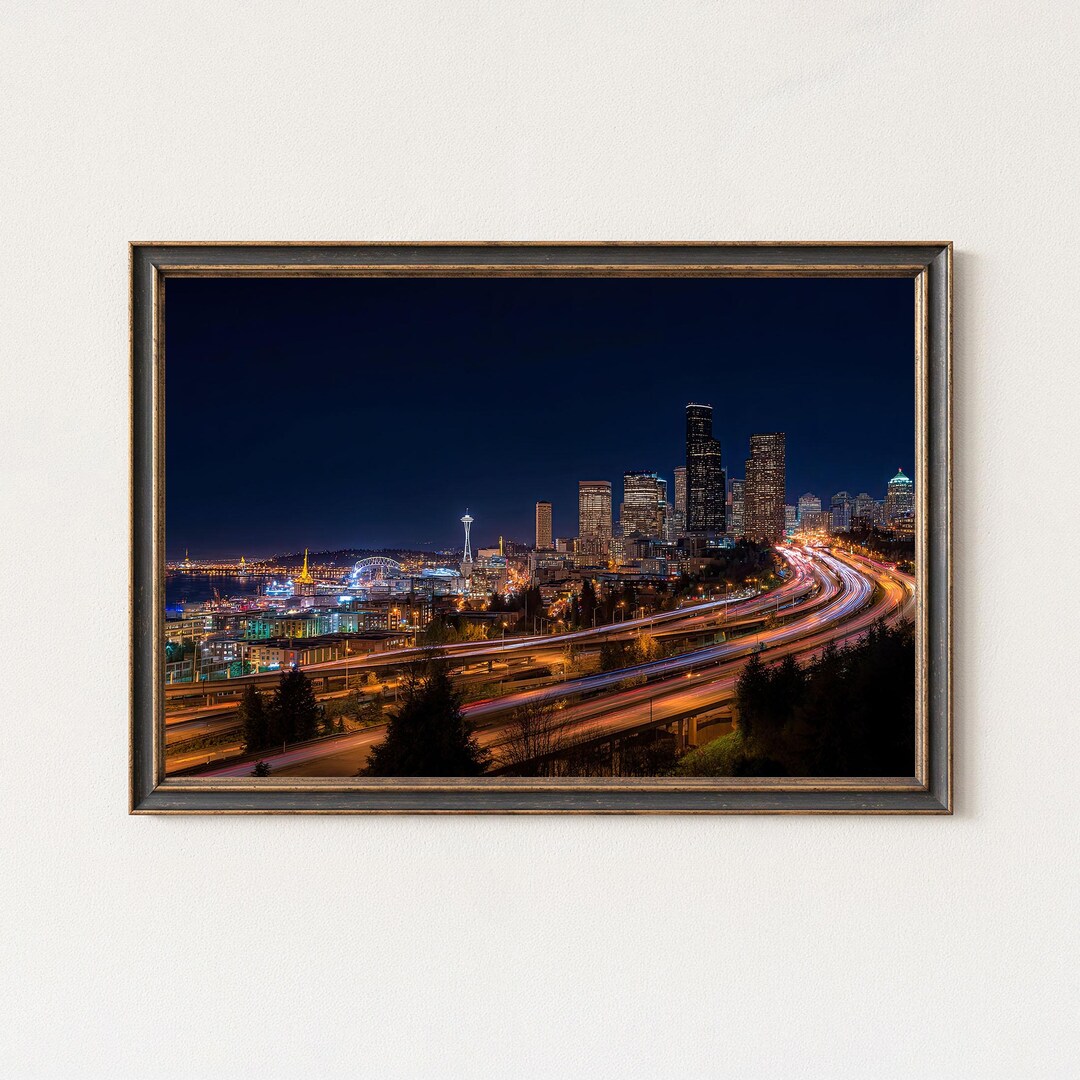 Seattle Night Skyline Print – Space Needle Light Trails Wall Art - Etsy