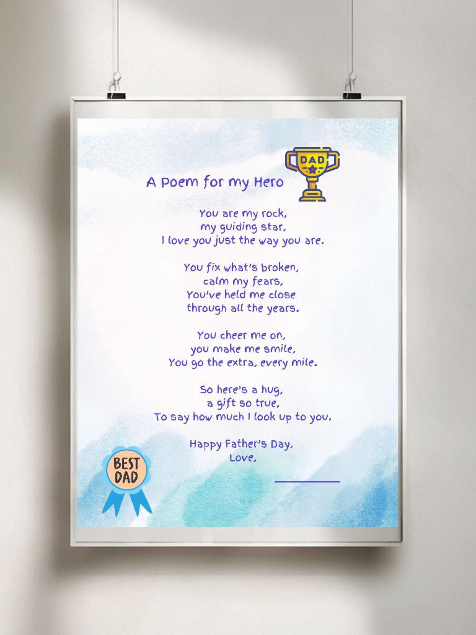 Printable Father’s Day Poem From Kids | A Poem for My Hero | 8x10 ...