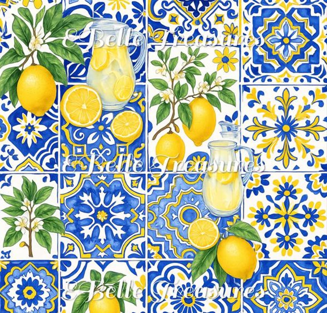 Lemon and Blue Tile Watercolor Pattern – Mediterranean Citrus Fruit ...
