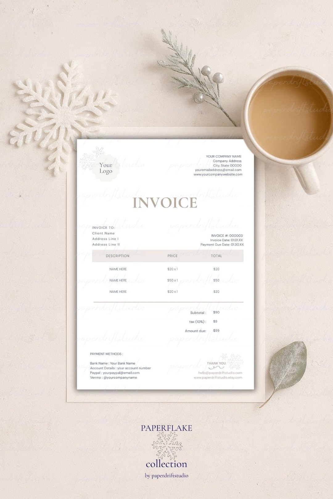 Winter Invoice Template | Snowflake Design | Minimalist Bill Canva ...