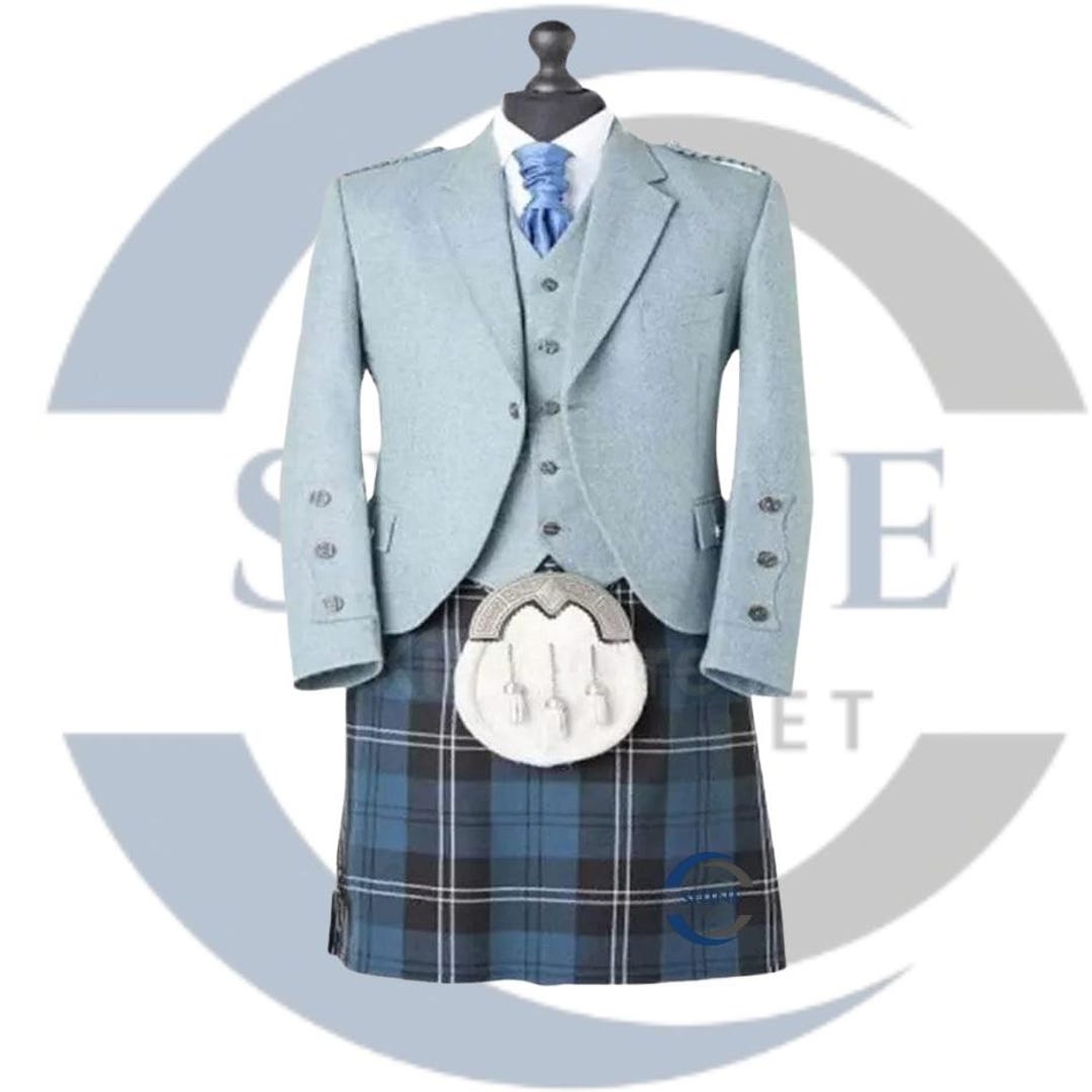 Custom Ramsay Blue Tartan Kilt Outfit: Argyll Jacket, Scottish Highland ...