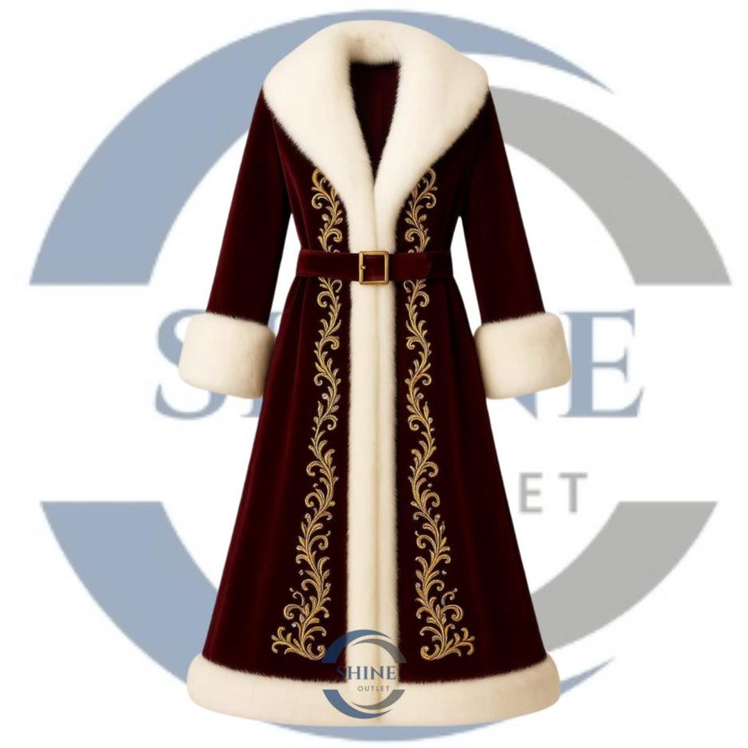 Burgundy Velvet Santa Coat: Gold Embroidery, Faux Fur Trim - Etsy