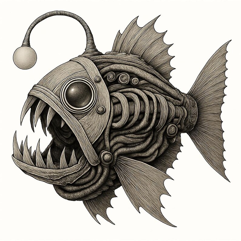 Mechanical Anglerfish Digital Art – Steampunk Deep Sea Monster ...