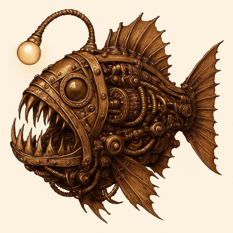 Mechanical Anglerfish Digital Art – Steampunk Deep Sea Monster ...