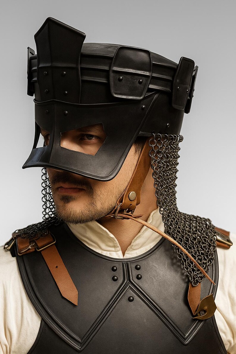 Undead Knight Helmet With Chainmail | Black Fantasy LARP Helmet ...