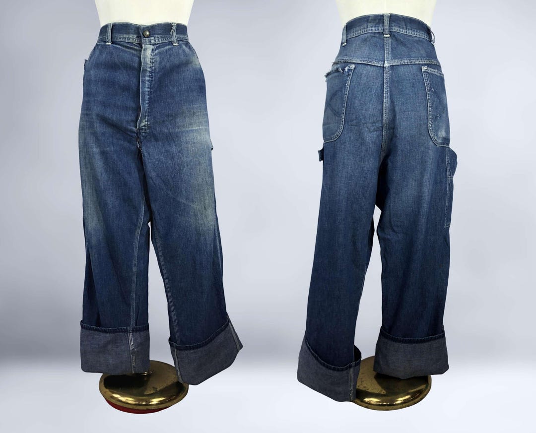 VINTAGE 40s 38X29 Men's Distressed Denim Work Wear Carpenter Jeans ...