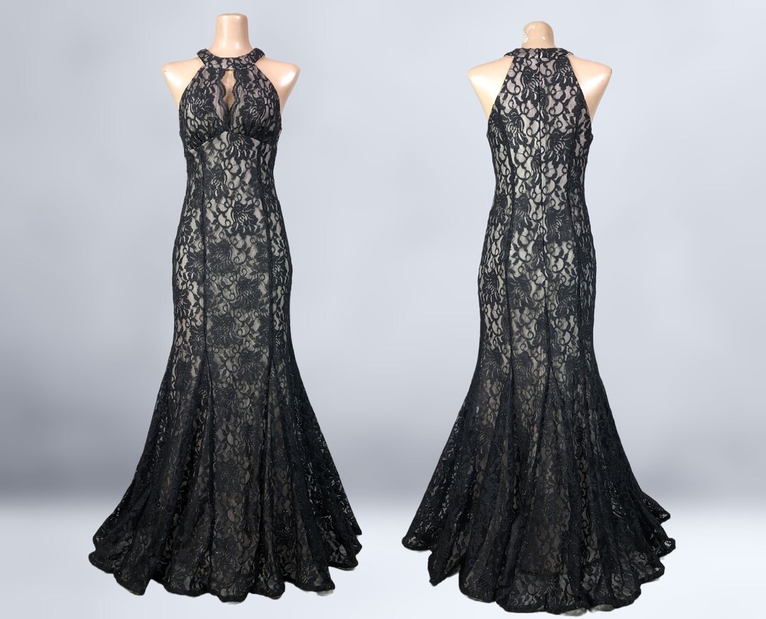 VINTAGE 00s Y2K Black Lace Nude Illusion Mermaid Formal Dress by R&M ...