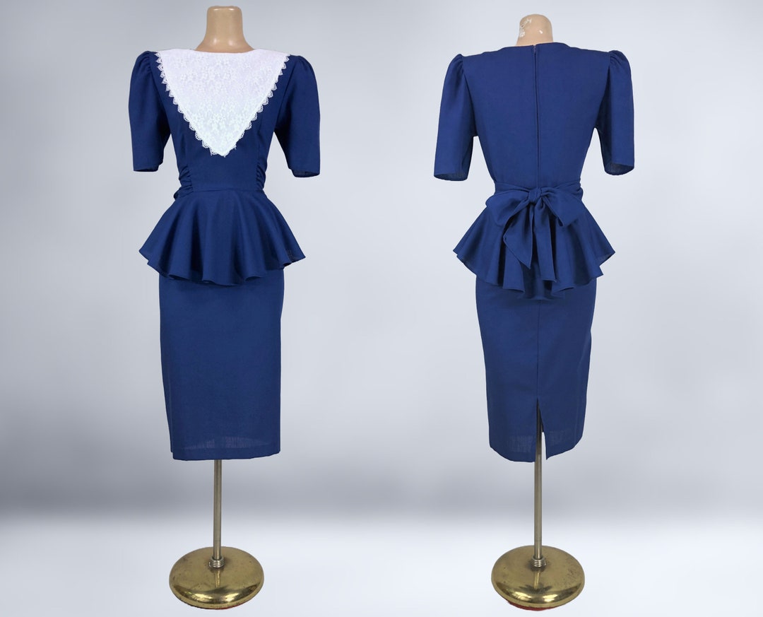 VINTAGE 80s Navy Blue and White Lace Peplum Dress by T. Juniors Size 9/ ...