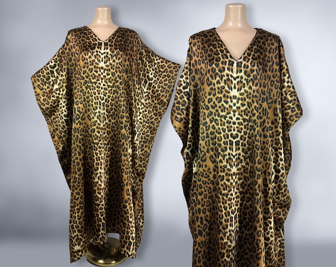 VINTAGE 80s Leopard Satin Kaftan Gown by Winlar OSFM 1980s Plus Size ...