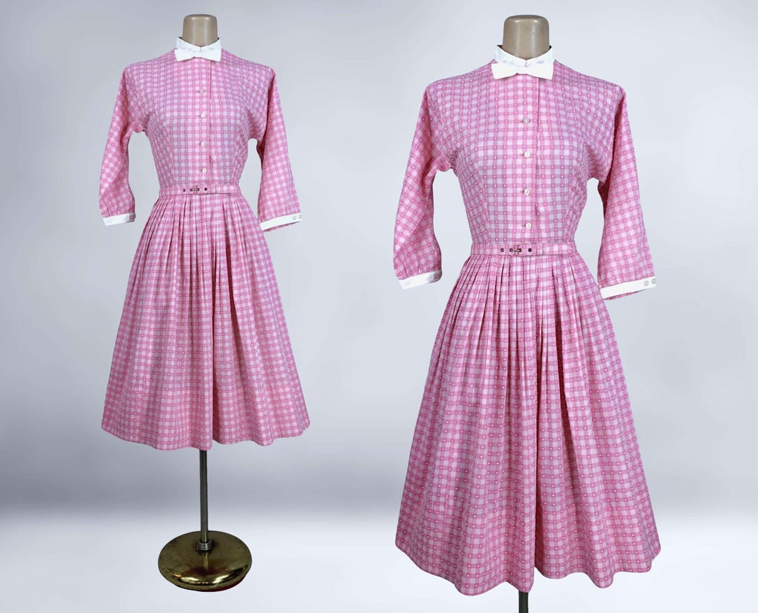 VINTAGE 50s Pink Gingham Day Dress With Bow Tie by Dress Town 38B/26W ...