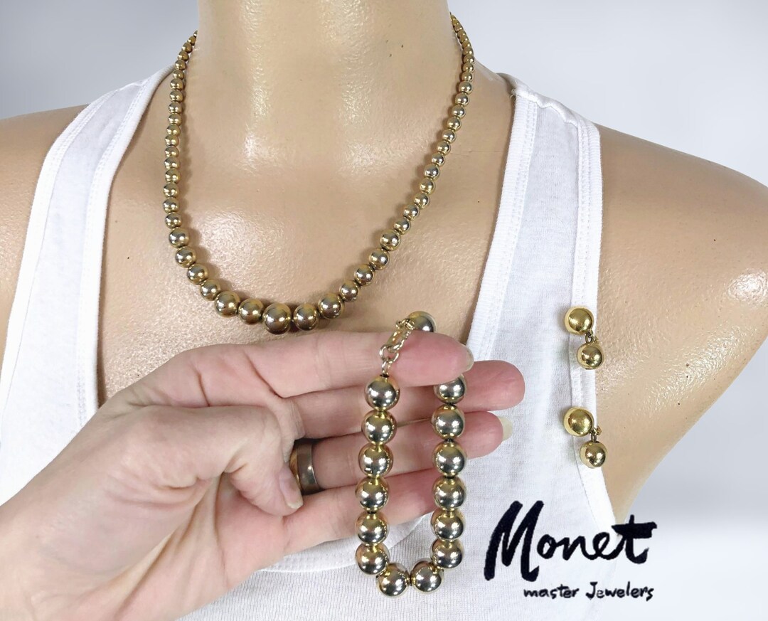 VINTAGE 50s Monet 3-piece Gold Metal Beaded Jewelry Set Necklace, Bracelet and Earrings 1950s ...