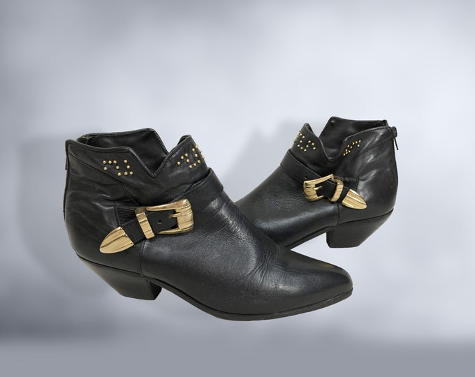 VINTAGE 80s Rocker Chic Black Leather Gold Studded Ankle Boots Sz 9 1/2 ...