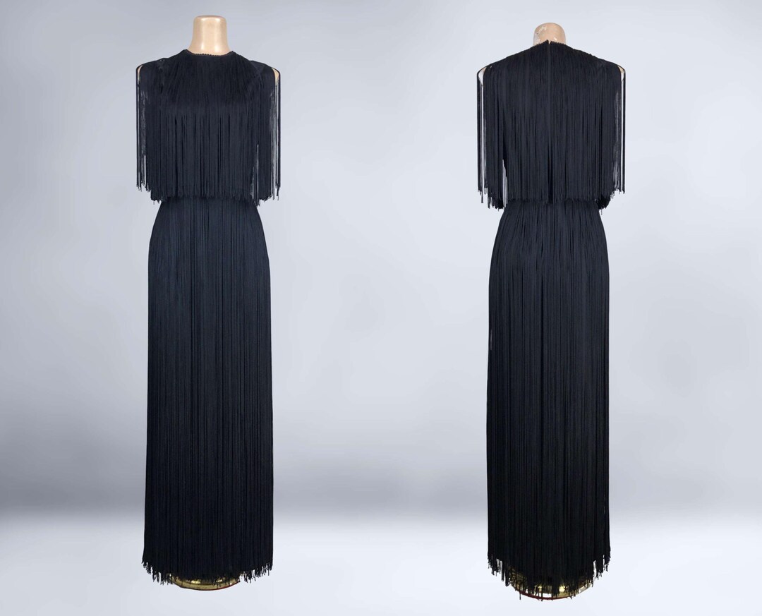 VINTAGE 60s Full Length Black Fringe Evening Dress by Lilli Diamond ...