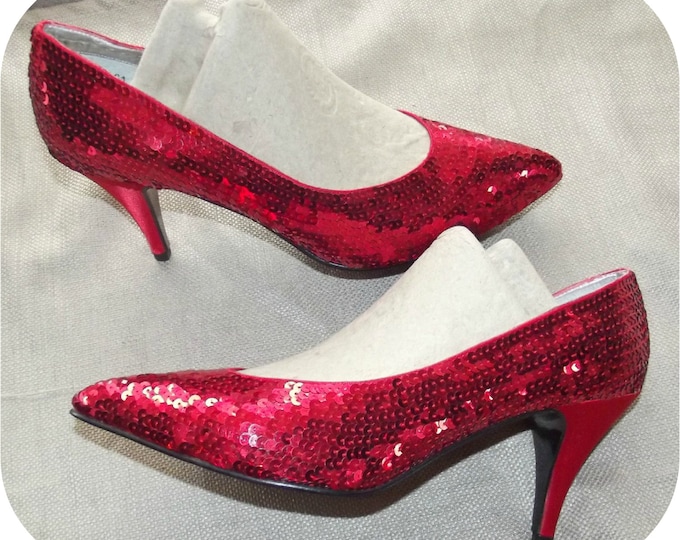 Vintage 80s Ruby Red Sequin High Heel Pumps DOROTHY 8. 5 Sparkle GLAM ...