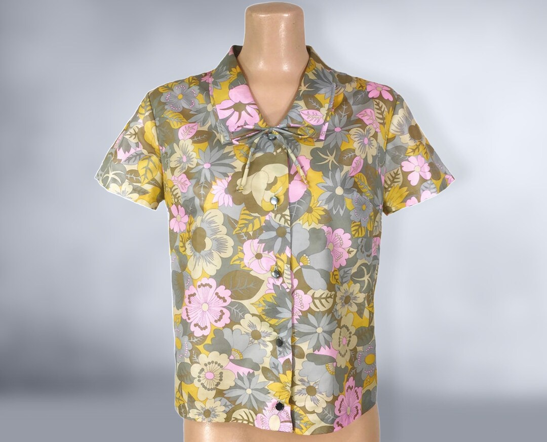 VINTAGE 60s MOD Floral Trevira Bow Tie Blouse Sz 42 XL Plus Size Volup ...