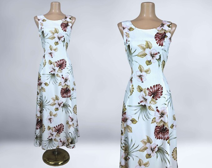 Vintage 90s 00s White Tropical Rayon Hawaiian Midi Dress By Paradise